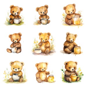 31 Adorable Bear Cub With Honey Watercolor Clipart, Bear Clipart, PNG ...
