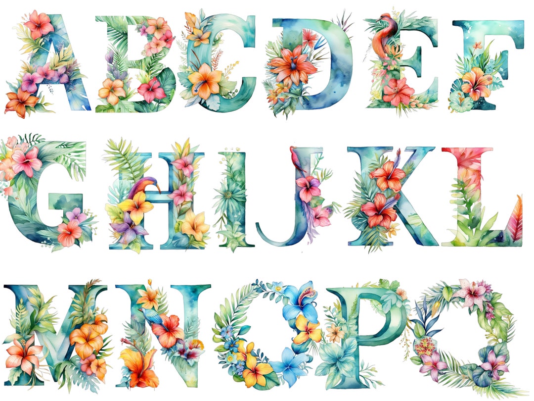 Watercolor Tropical Alphabet, Graphics in PNG Format Instant Download ...