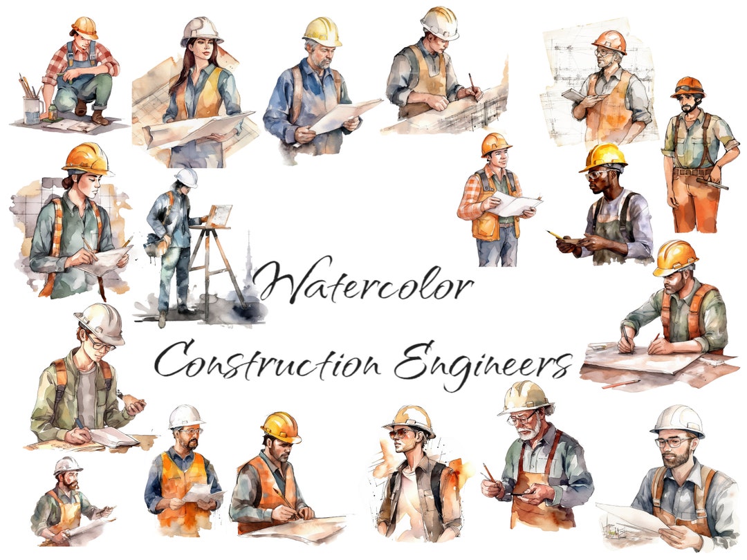 Watercolor Construction Engineers Clipart, PNG Digital Files on a ...