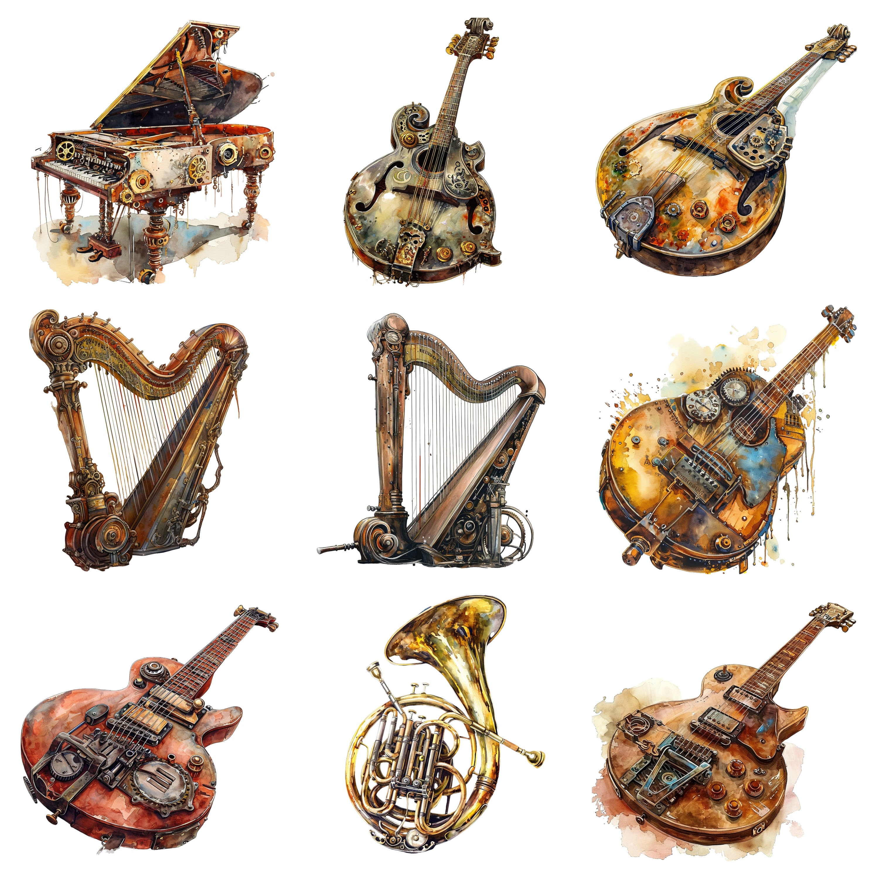 Watercolor Steampunk Instruments Clipart, PNG Digital Files on ...