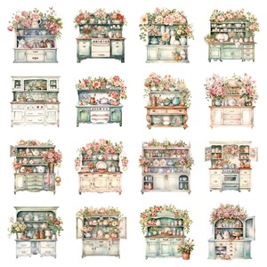 Watercolor Floral Kitchen Clipart, PNG Digital Files on a Transparent ...