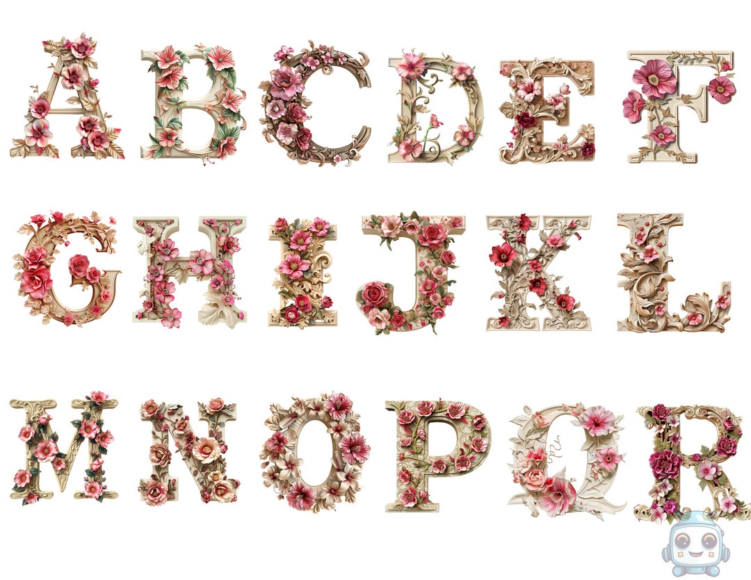 Watercolor Pink and Red Flowers Alphabet Clipart, Floral PNG Individual ...