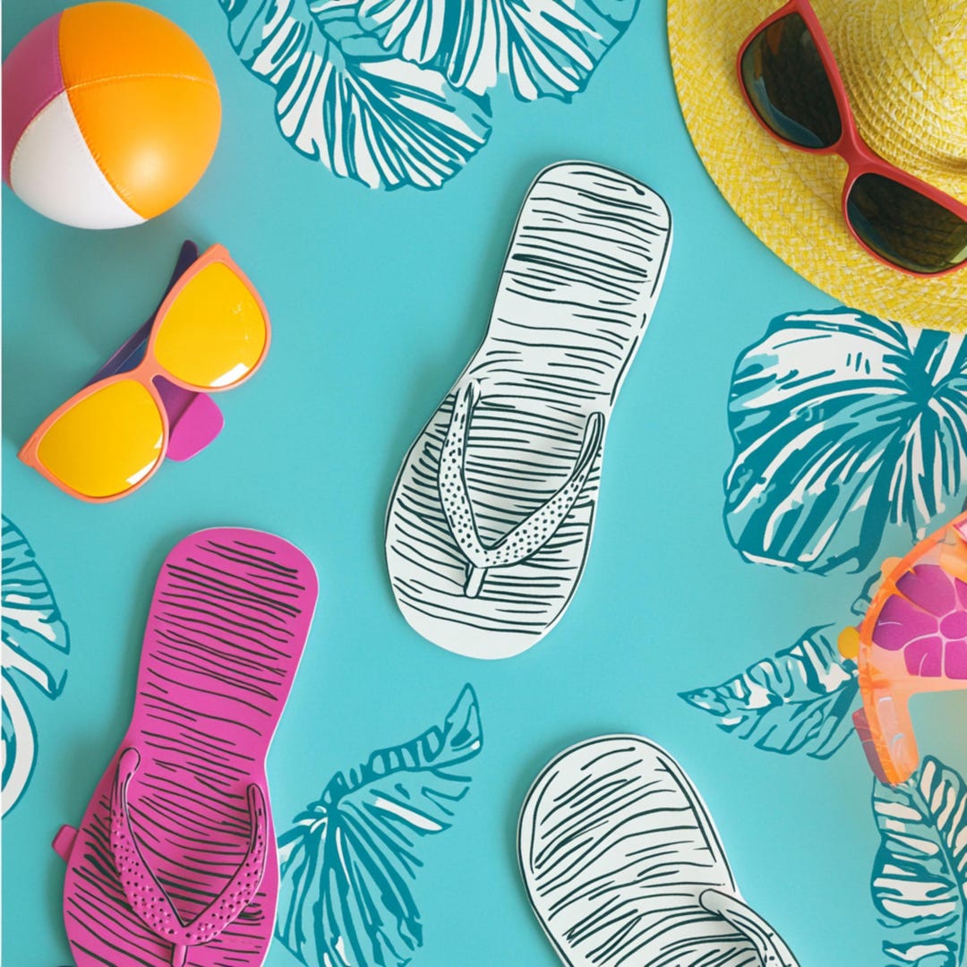 Summer Fun Digital Paper, Flip Flops, Sunglasses, Beach Ball & Tropical ...