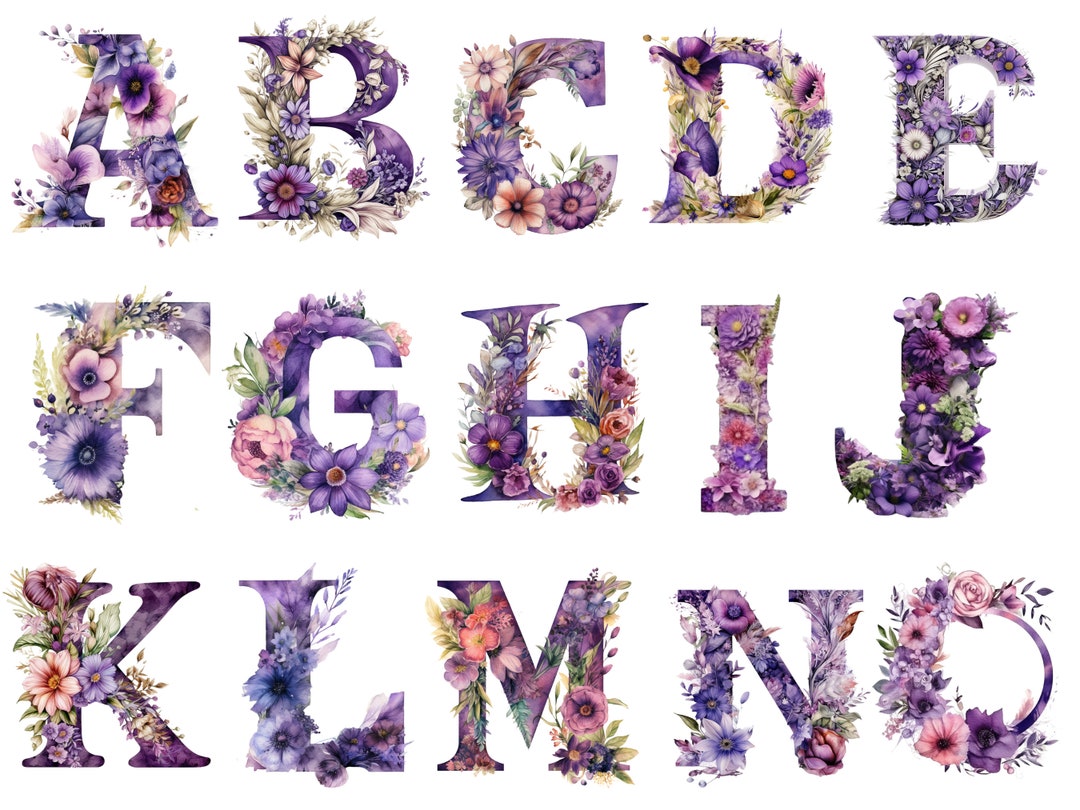 Watercolor Floral Violet Alphabet Clipart , Floral Alphabet ...
