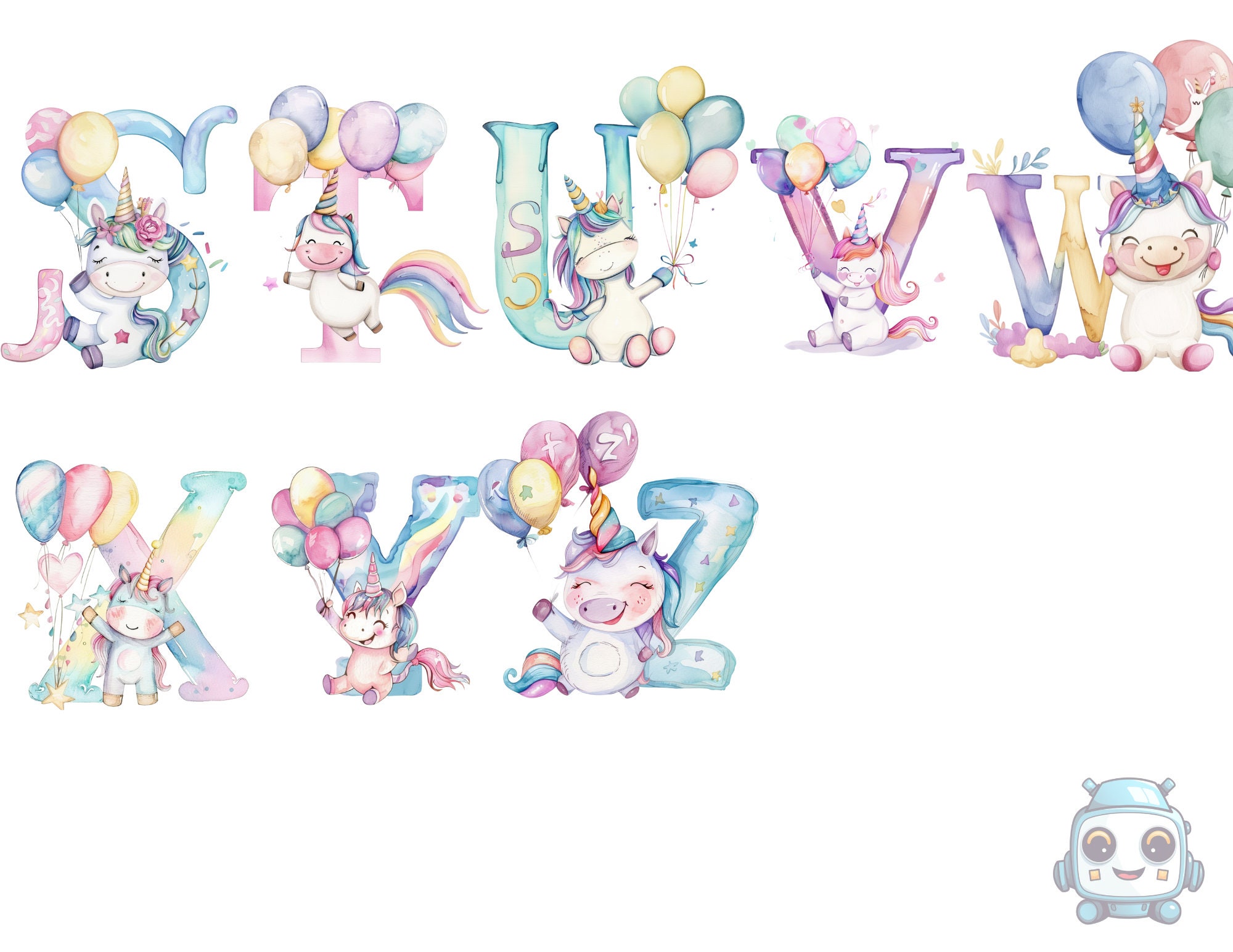 Watercolor Cute Unicorn Alphabet in PNG for Commercial Use Instant ...