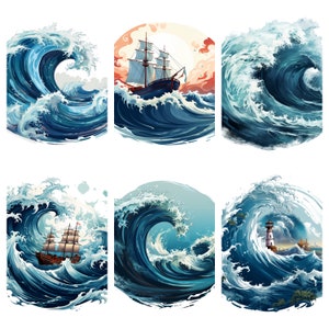 Waves in the Ocean Clipart, Ship in the Ocean PNG, Digital Files on a ...