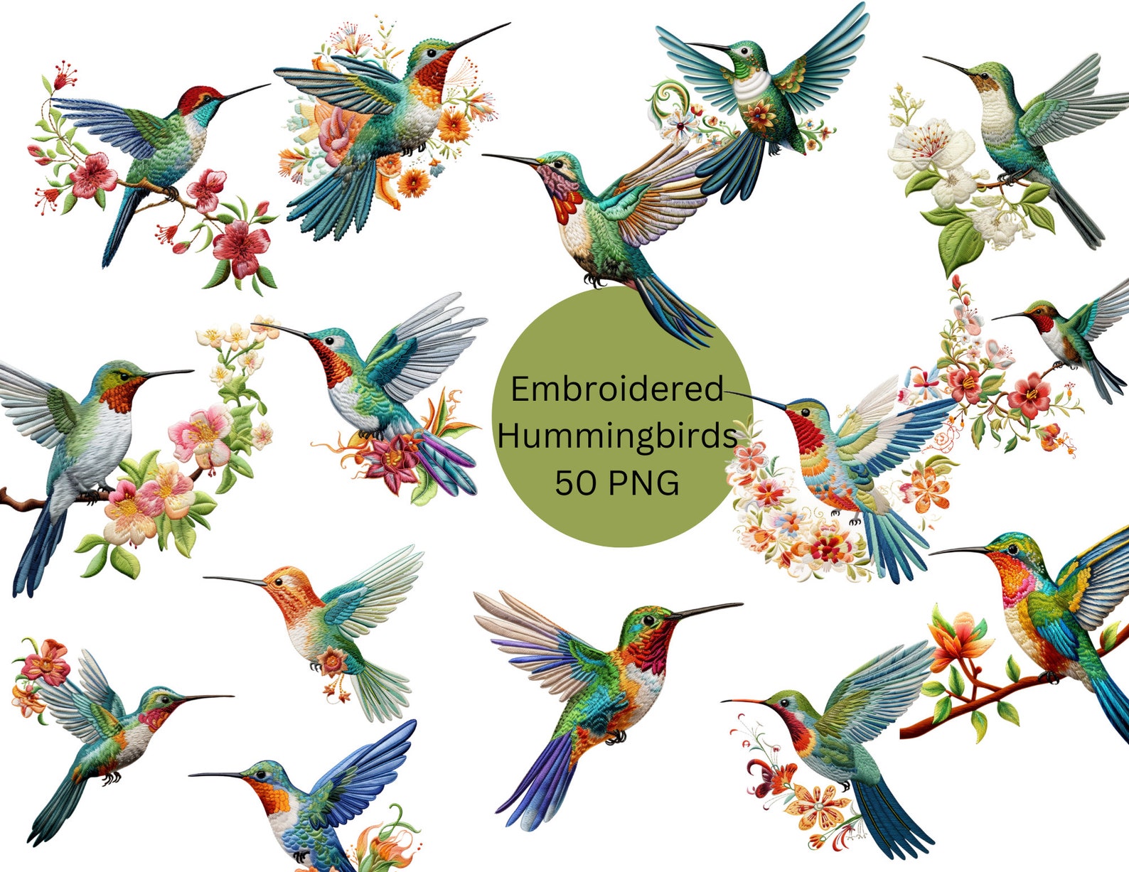 Embroidered Hummingbirds Clipart, PNG Digital Files on a Transparent ...