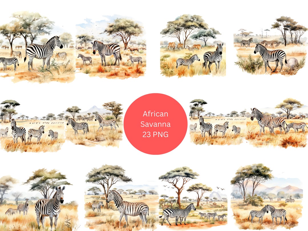 23 African Savannas Watercolor Clipart, Africa Clipart, PNG Individual ...