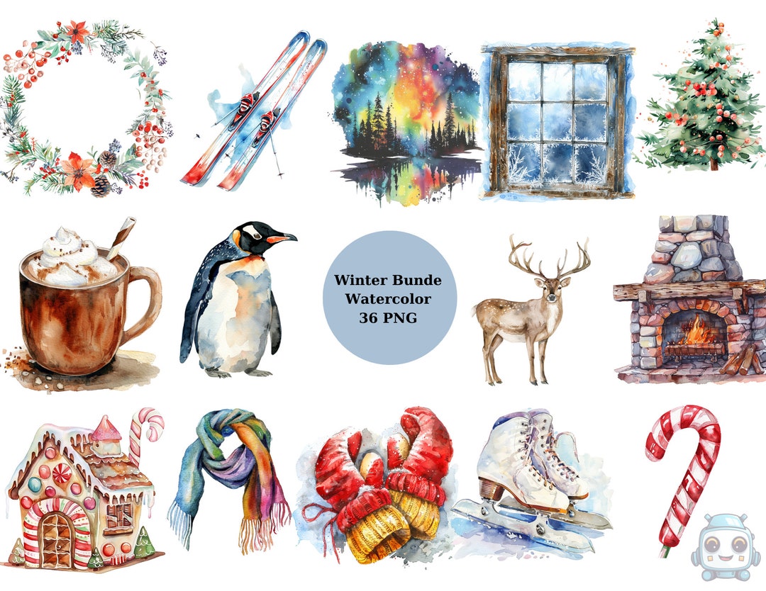 36 Watercolor Winter Bundle Clipart, PNG Individual Images on ...
