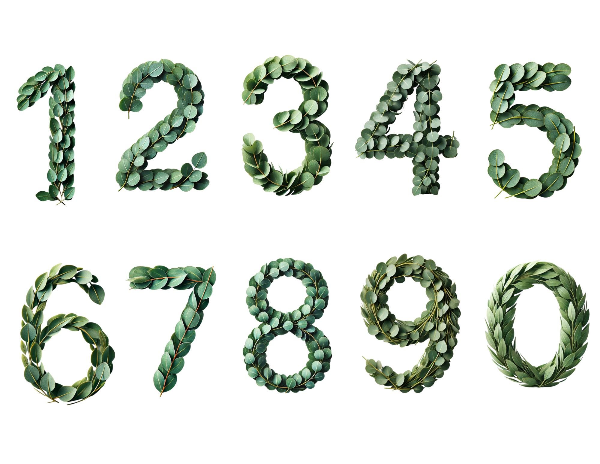 Eucalyptus Leaf Numbers Clipart Set - Botanical Numbers 0-9 - Greenery ...