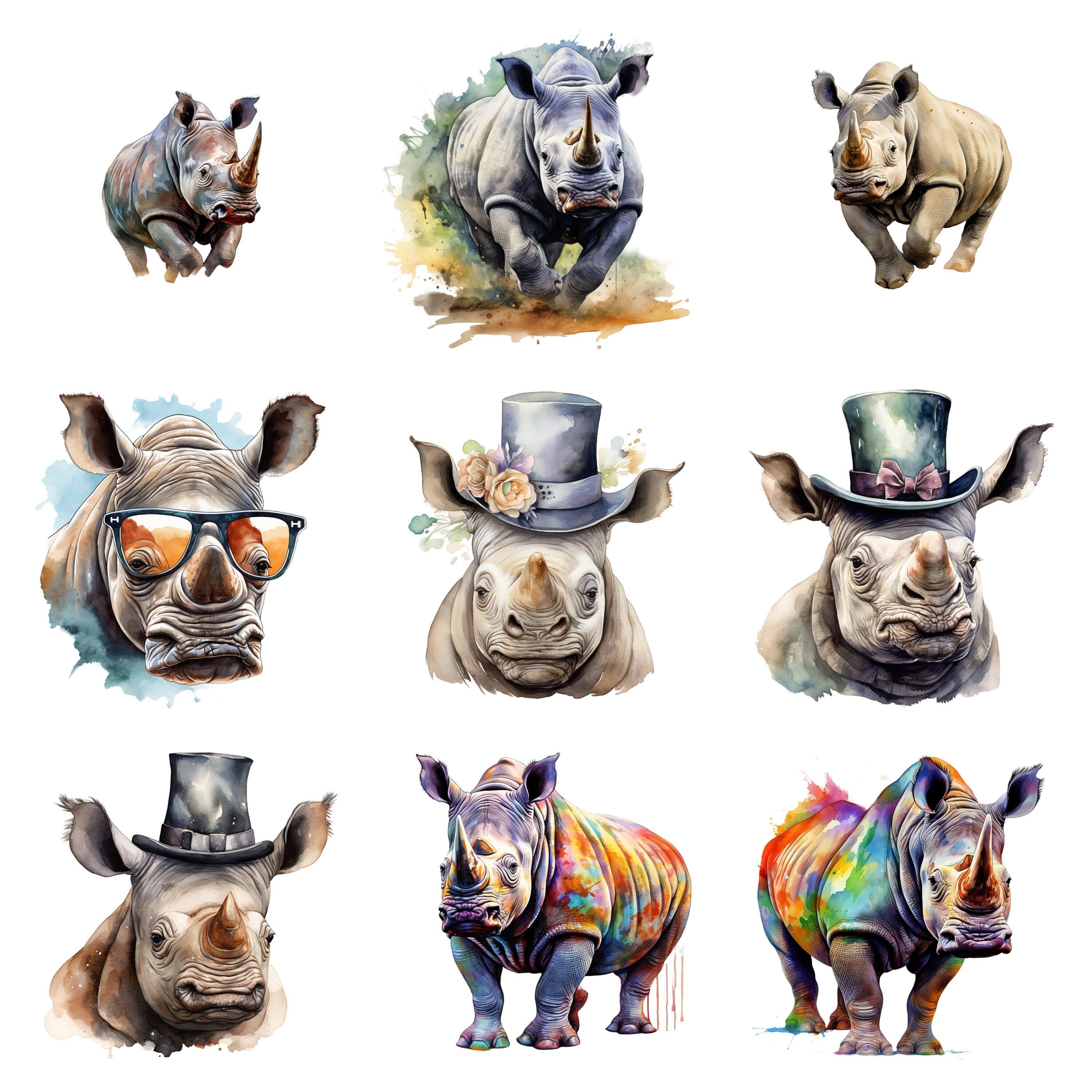 Watercolor Rhinoceros Clipart Rhinos PNG Digital Files on - Etsy