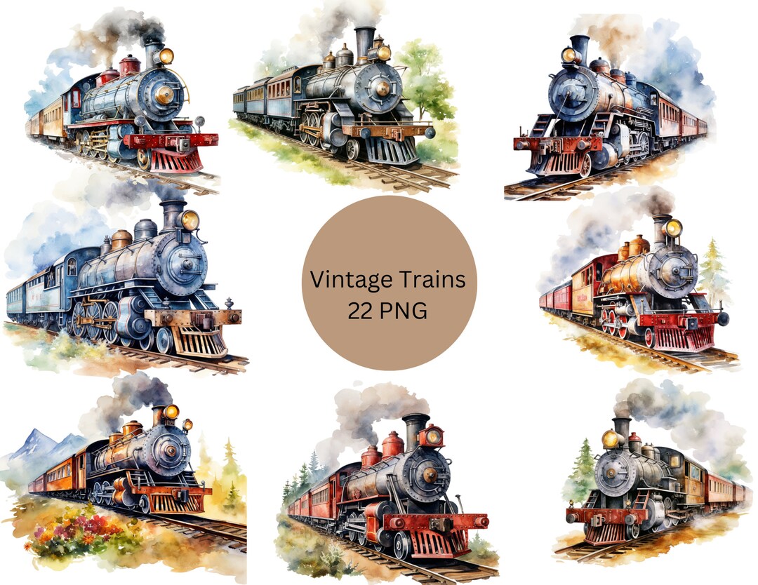 Watercolor Vintage Trains Clipart, PNG Digital Files on a Transparent ...