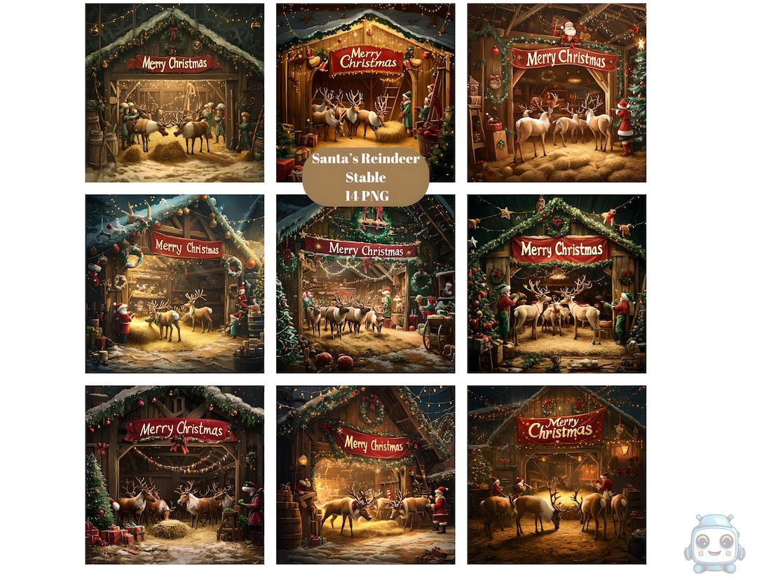 14 Santa's Reindeer Stable Watercolor Clipart, Christmas Clipart, PNG ...