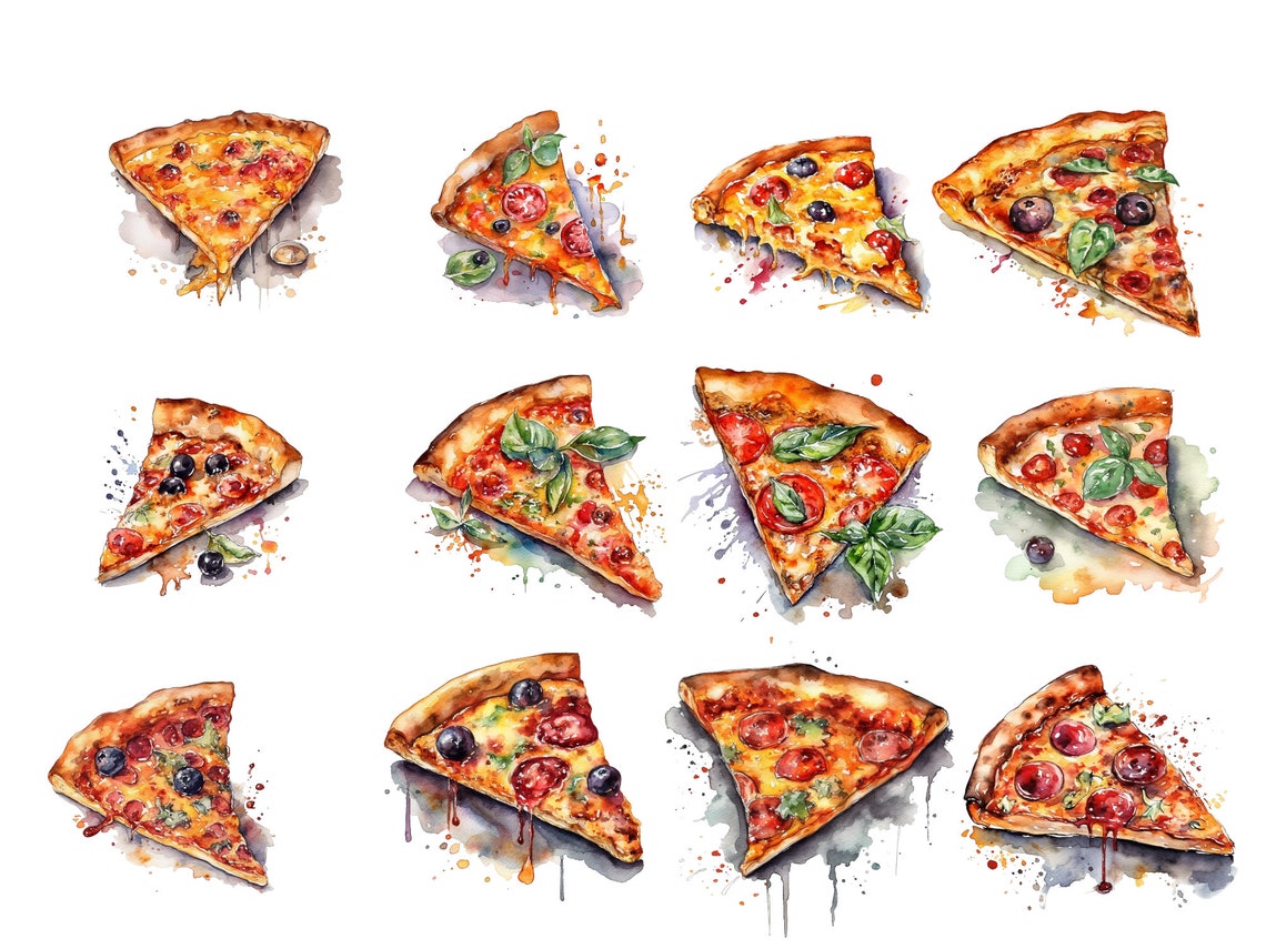 Watercolor Pizza Slices Clipart PNG Digital Images High - Etsy