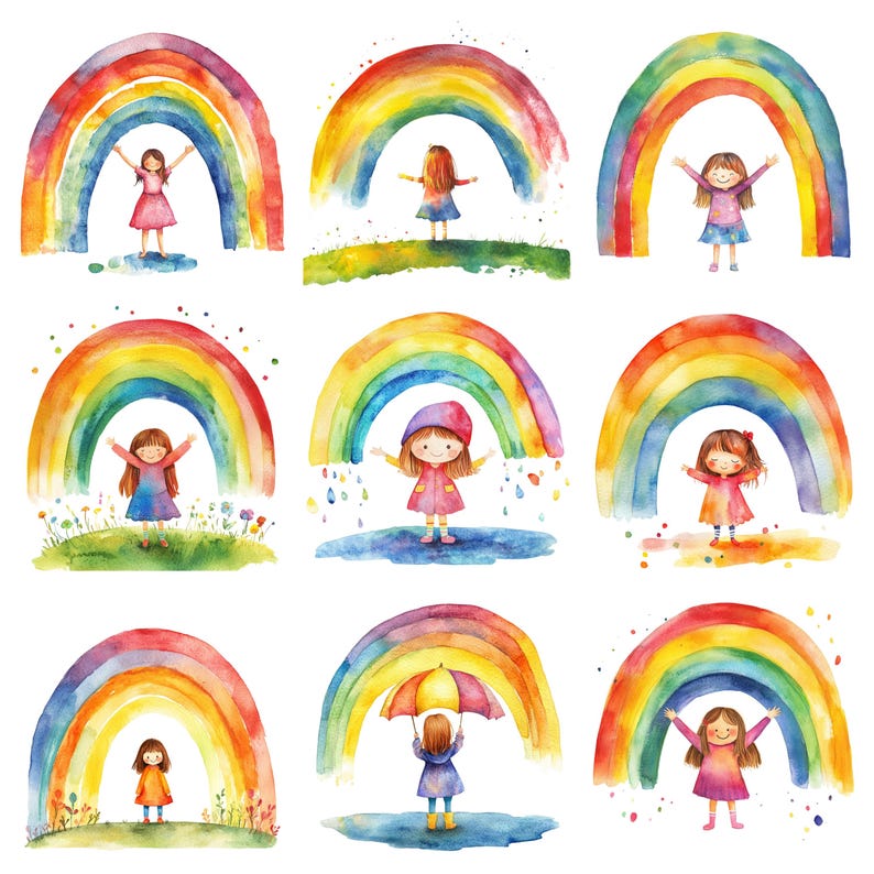 30 Girl and Rainbow Watercolor Clipart, Rainbow Clipart, PNG Individual ...