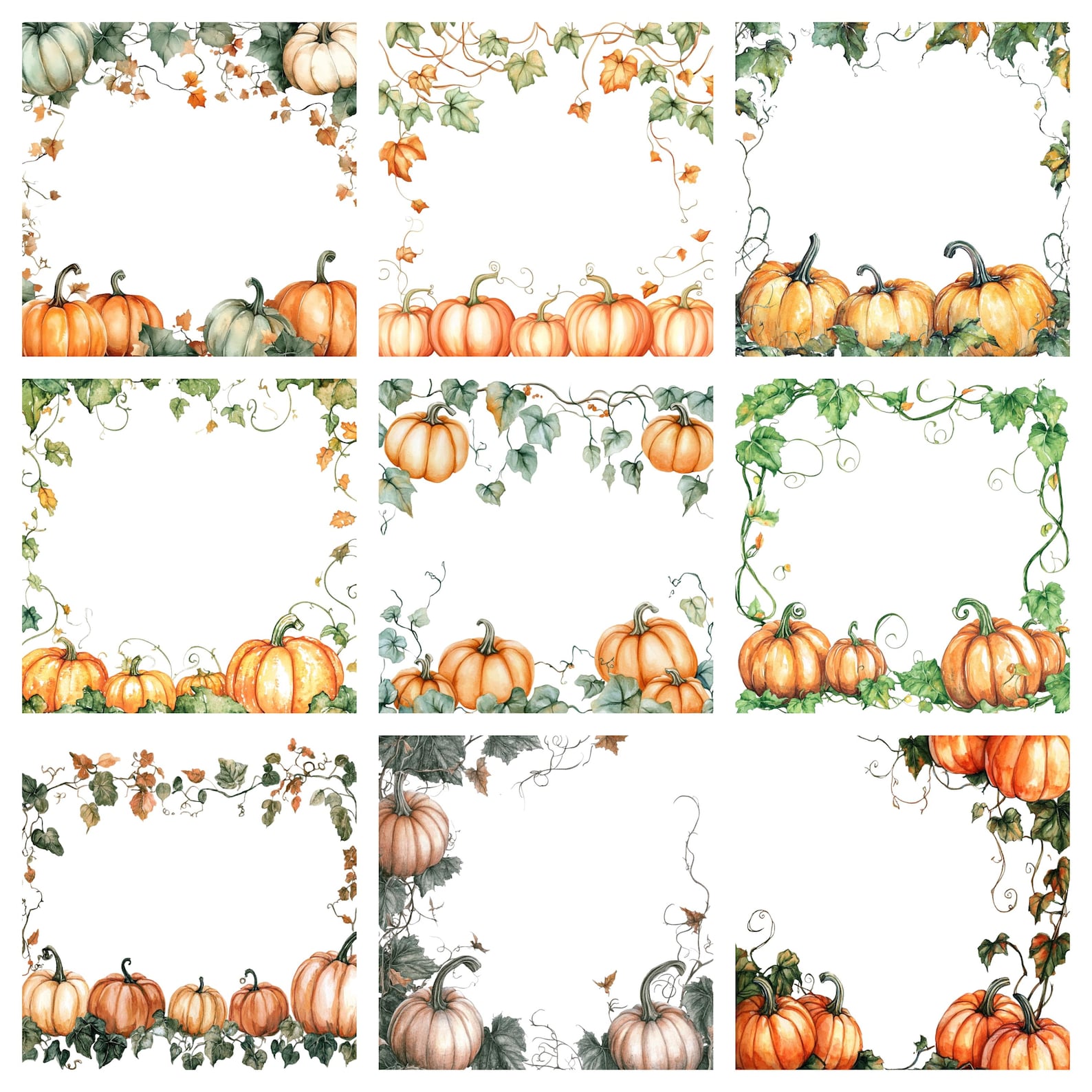 Watercolor Pumpkin Borders Clipart Set | 34 PNG Fall Pumpkins Digital ...
