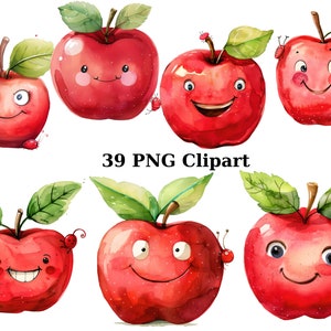 39 Happy Apples Watercolor Clipart, Whimsical Clipart, PNG Individual ...