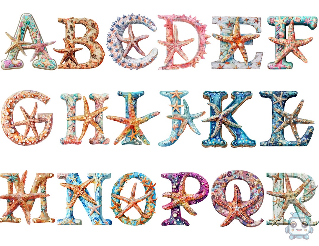 Watercolor Starfish Alphabet Clipart, Transparent Background, High ...