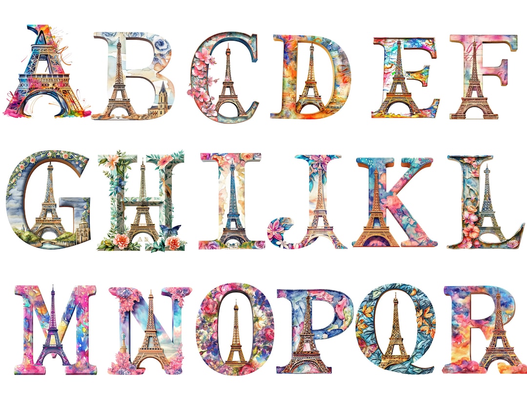 Watercolor Eiffel Tower Alphabet Clipart, PNG Individual Images ...