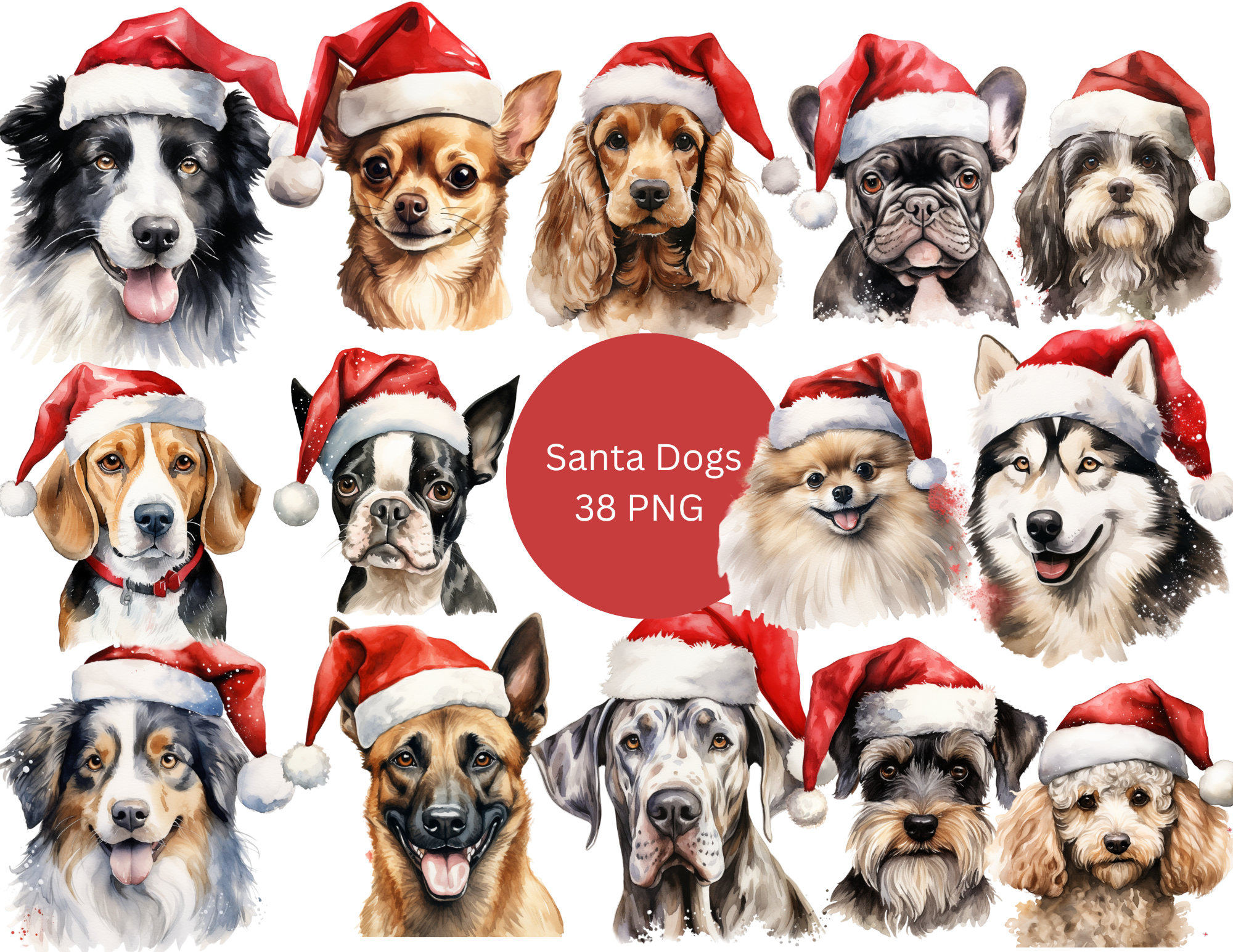 Watercolor Santa Dogs Clipart Christmas PNG Digital Files on - Etsy