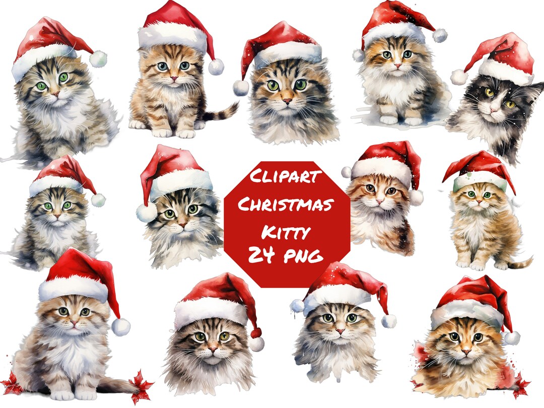 Watercolor Christmas Cats in PNG for Commercial Use Instant Download ...