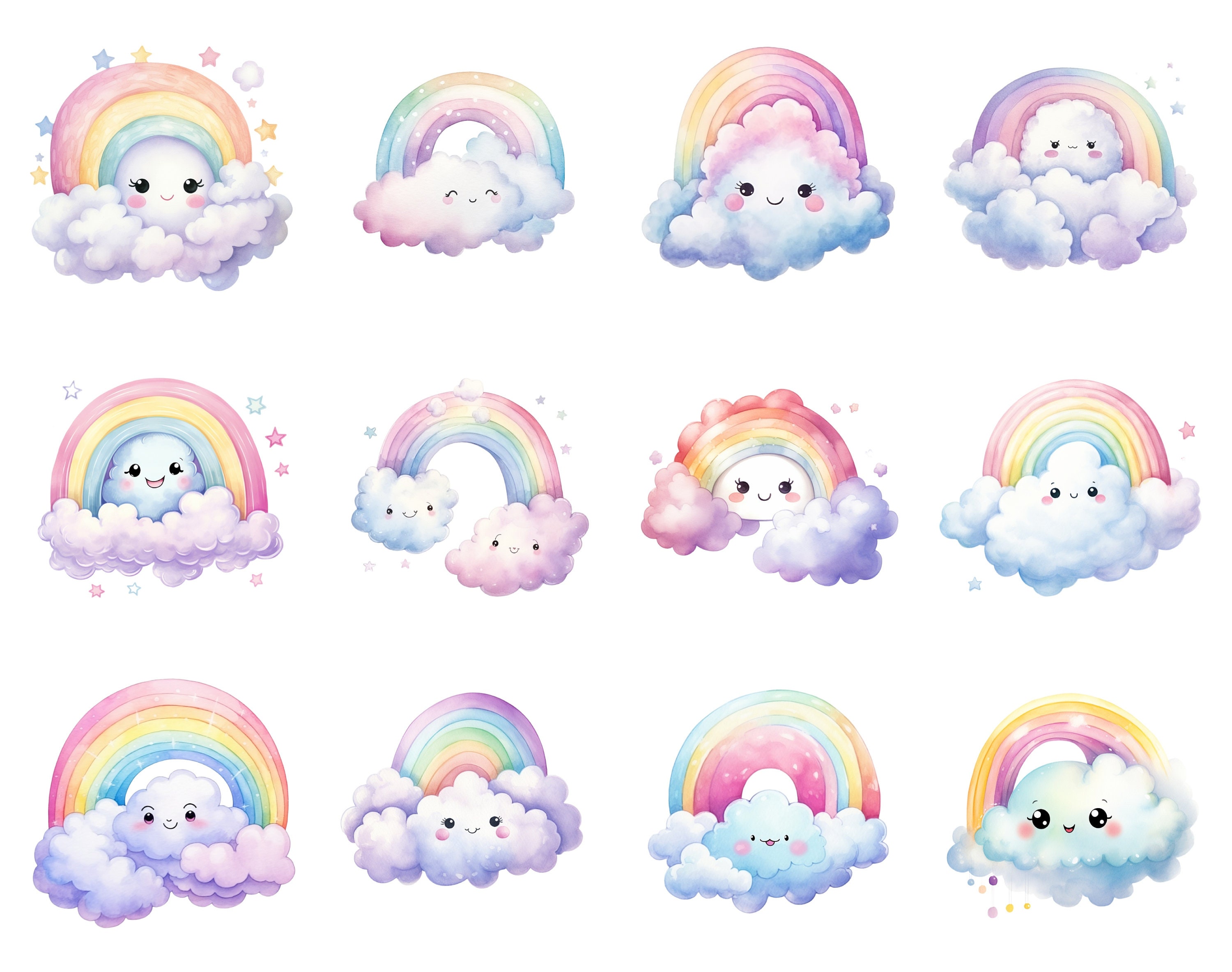 Watercolor Rainbow and Cloud Clipart, PNG Digital Files on a ...