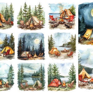 Watercolor Camping Tents Clip Art Graphics in PNG for Commercial Use ...