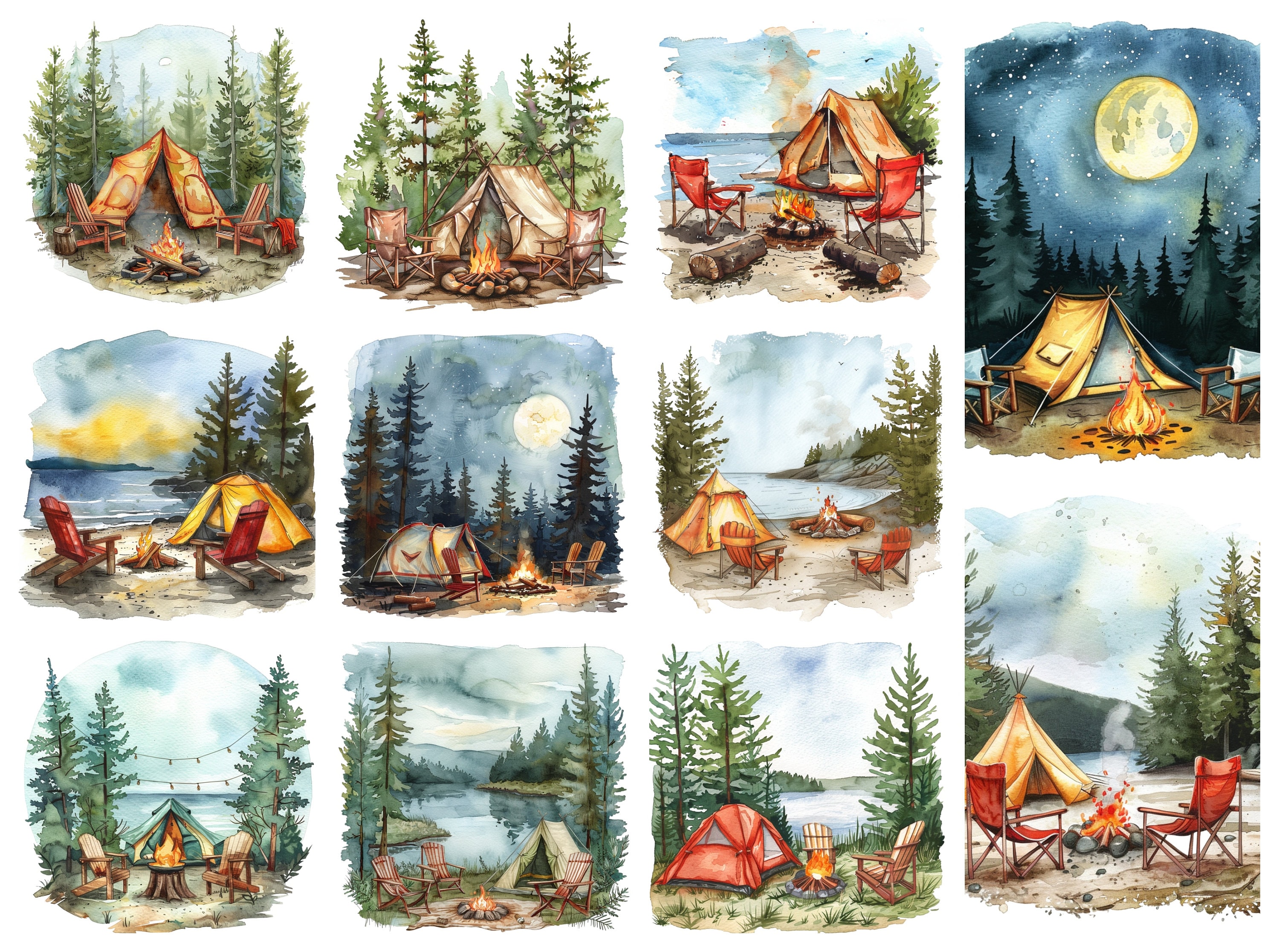 Watercolor Camping Tents Clip Art Graphics in PNG for Commercial Use ...