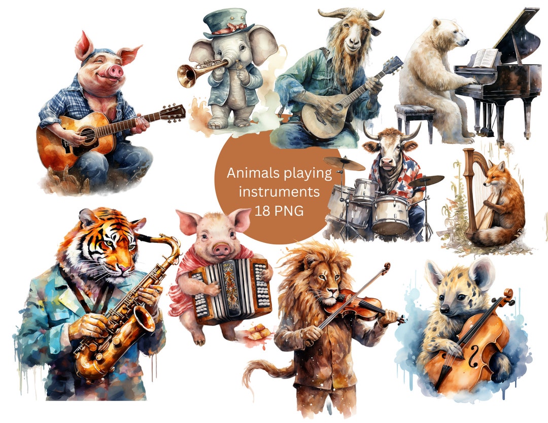 Watercolor Animals Playing Instruments Clipart, PNG Digital Files on ...