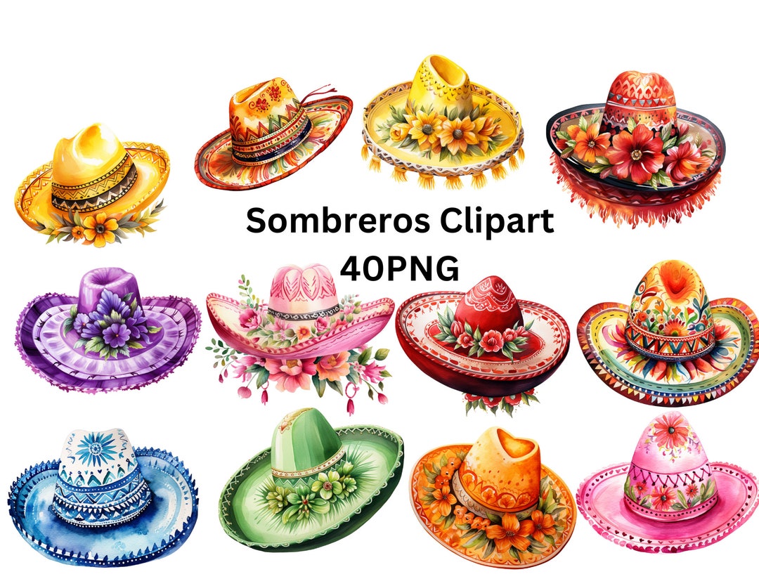 Watercolor Sombreros Clipart, Mexican Clipart, PNG Digital Files on a ...