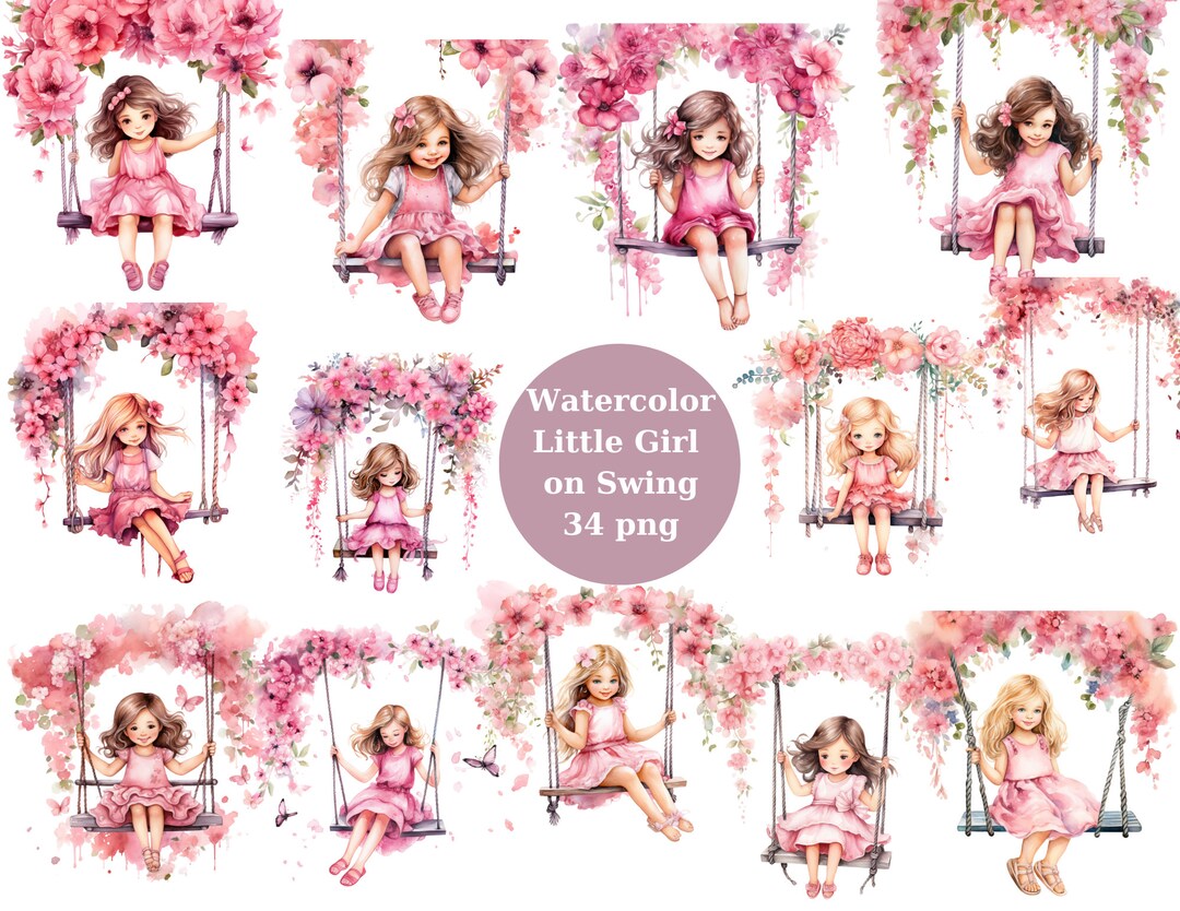 Little Girl on Swing Watercolor Clipart, Transparent Background, High ...