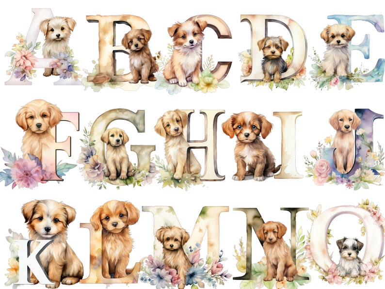 Watercolor Puppy Alphabet Clipart, Transparent Background, High Quality ...