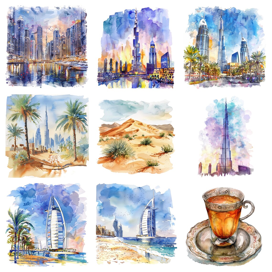 Watercolor Dubai Bundle Clipart, PNG Individual Images on Transparent ...