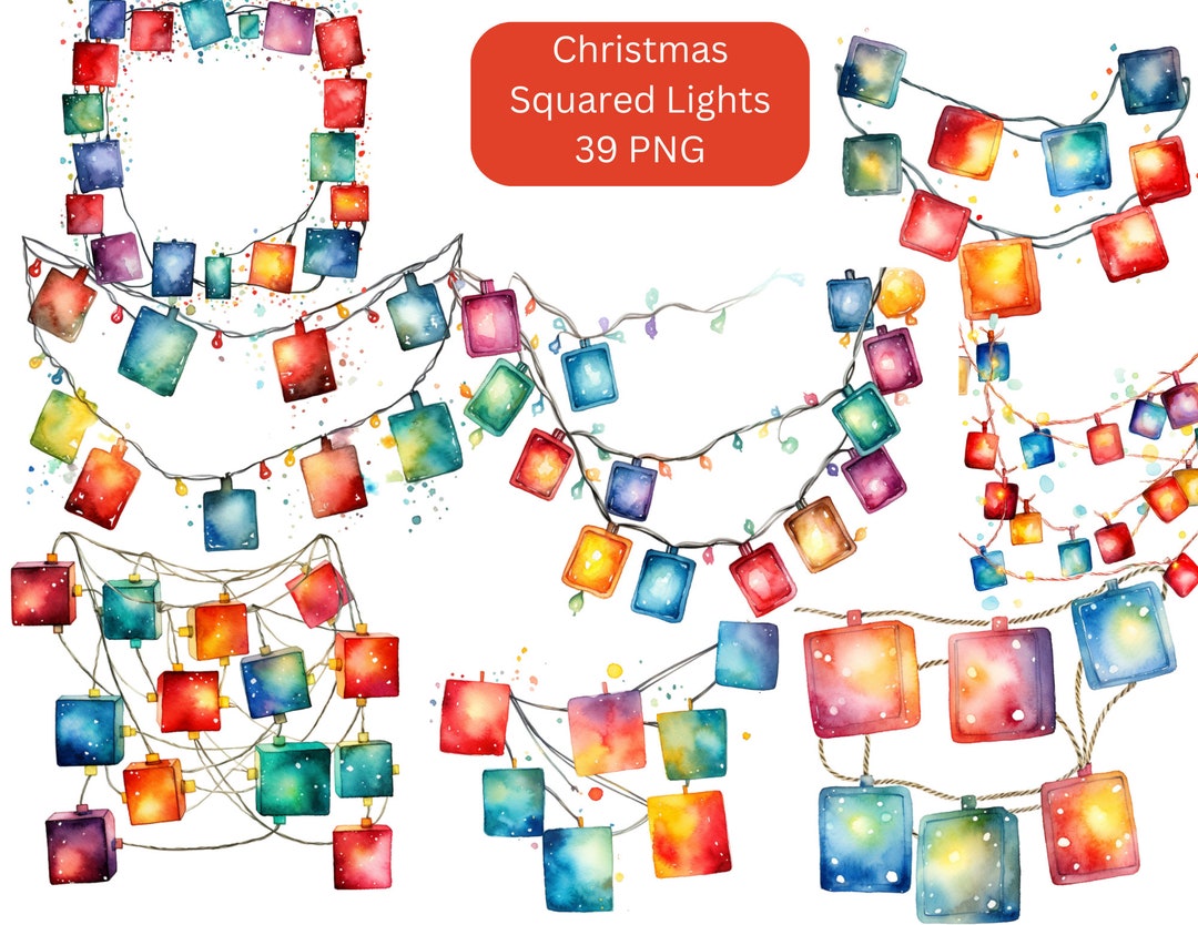 Watercolor Christmas Squared Lights Clipart, PNG Digital Files on ...