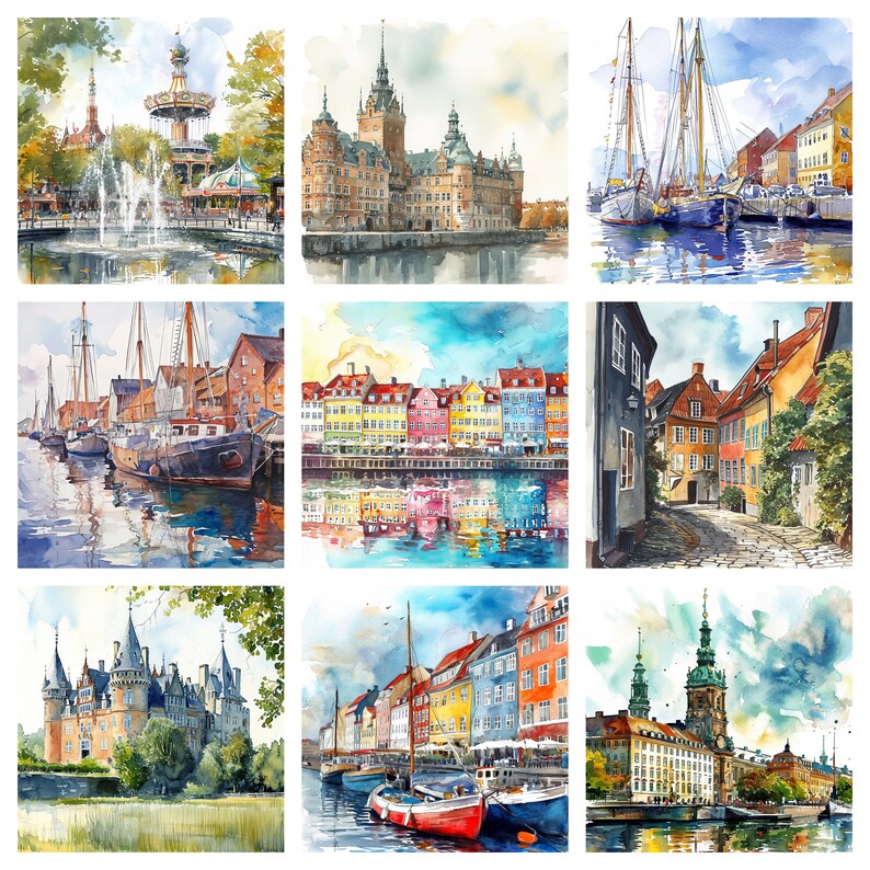 Watercolor Beautiful Denmark Clipart, PNG Individual Images on a ...