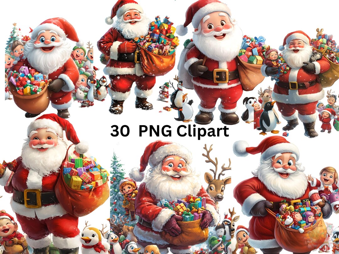 30 Santa Claus With Presents Clipart, Christmas Clipart, PNG Individual ...