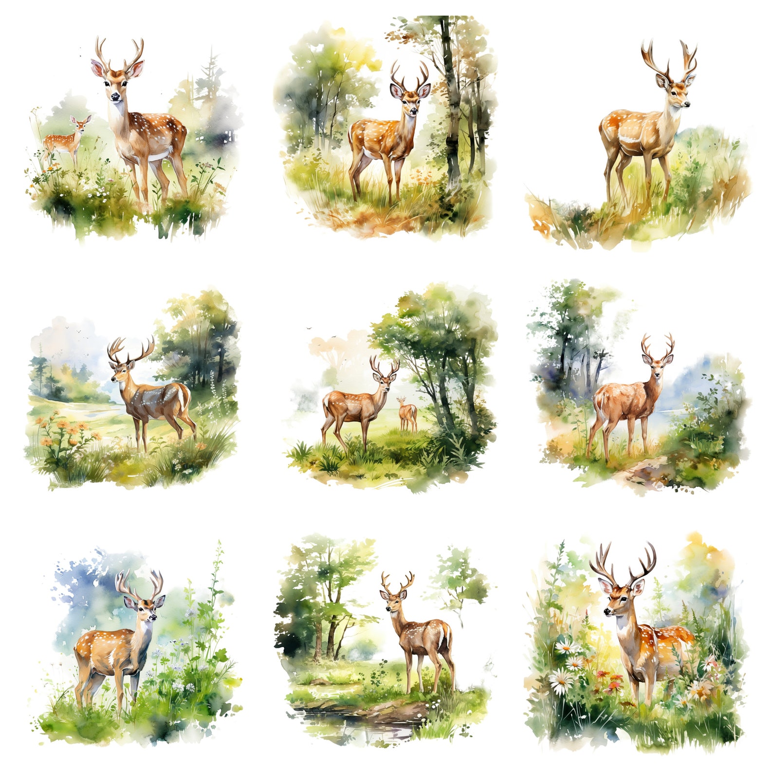 20 Gentle Deer Watercolor Clipart, Forest Clipart, PNG Individual ...
