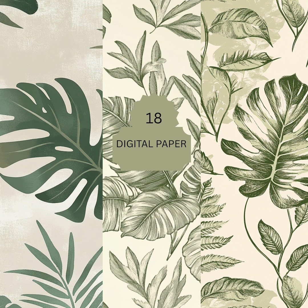 Tropical Green Leaves Digital Paper – 18 Botanical Jungle Backgrounds ...