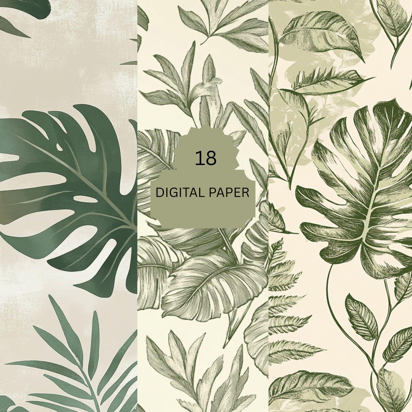 Tropical Green Leaves Digital Paper – 18 Botanical Jungle Backgrounds ...