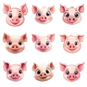 Cute Pig Clipart Set – 43 PNG, Kawaii Piglet Faces, Farm Animal ...