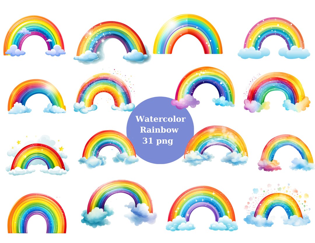 Watercolor Rainbow Clipart, PNG Digital Files on Transparent Background ...