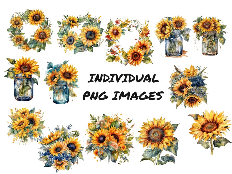 Watercolor Sunflowers Clip Art PNG Digital Files on a - Etsy