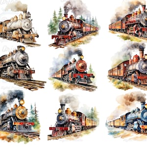 Watercolor Vintage Trains Clipart, PNG Digital Files on a Transparent ...