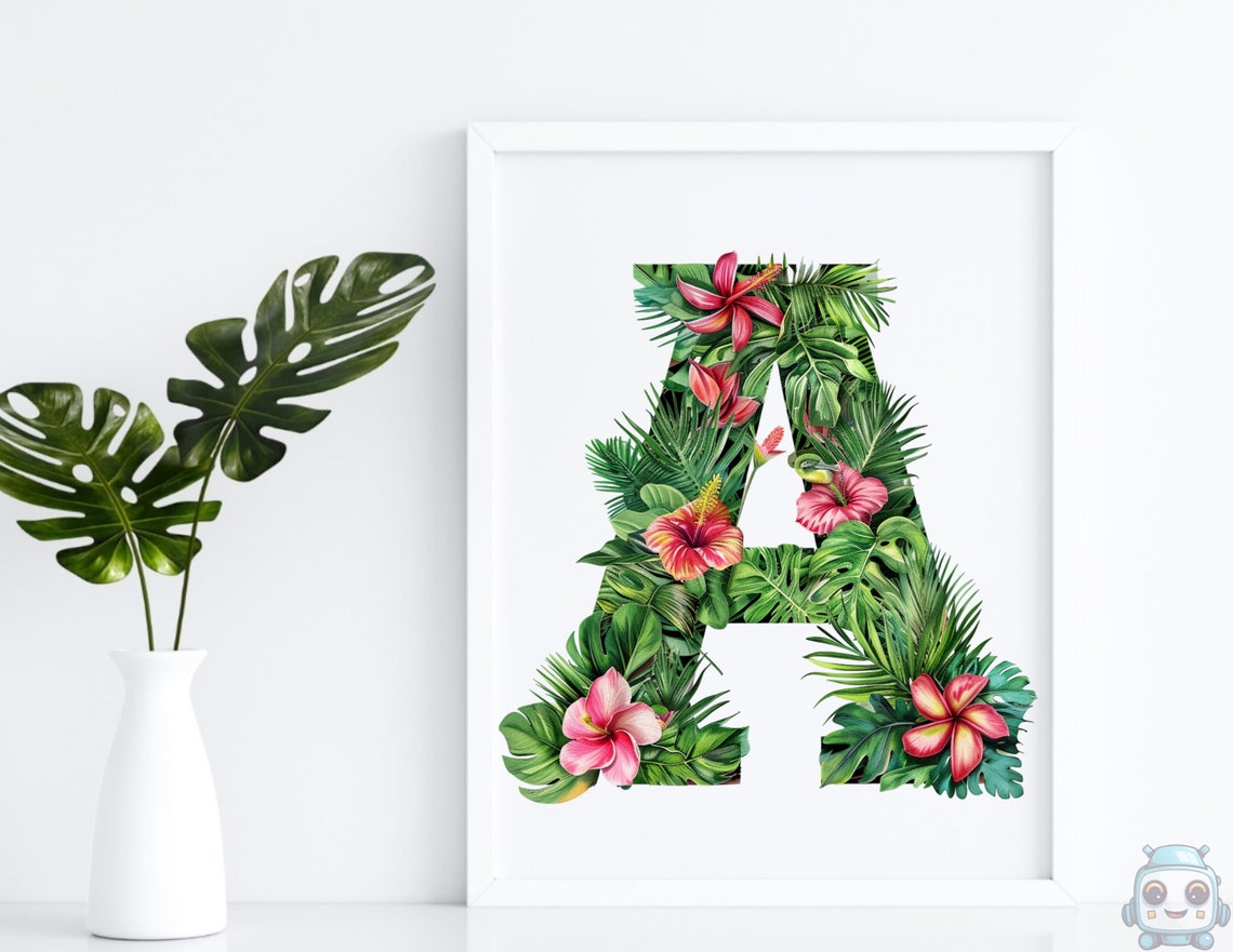 Watercolor Floral Leaves Tropical Alphabet in PNG Format Instant ...