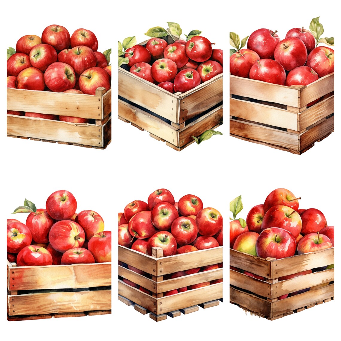32 Fresh Apples in Wooden Crates Watercolor Clipart, Fruit Clipart, PNG ...