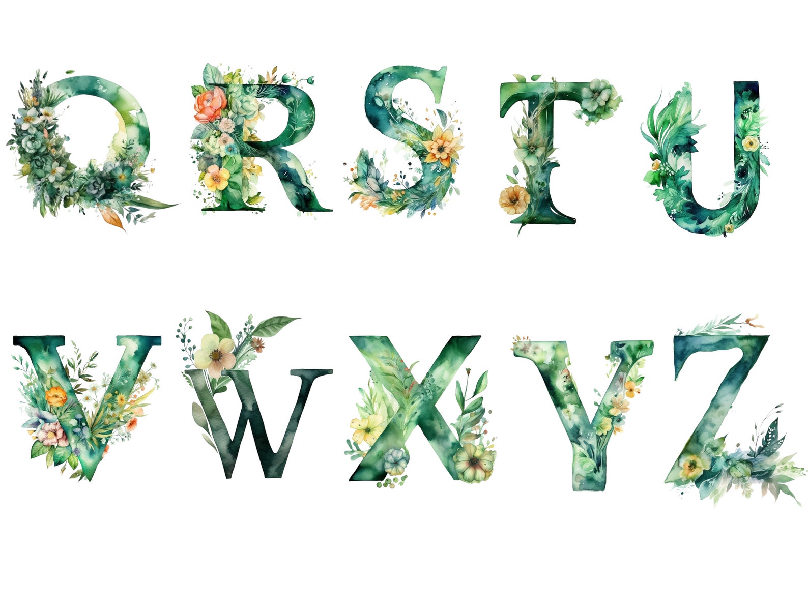 Watercolor Floral Green Alphabet Clipart Floral Alphabet - Etsy
