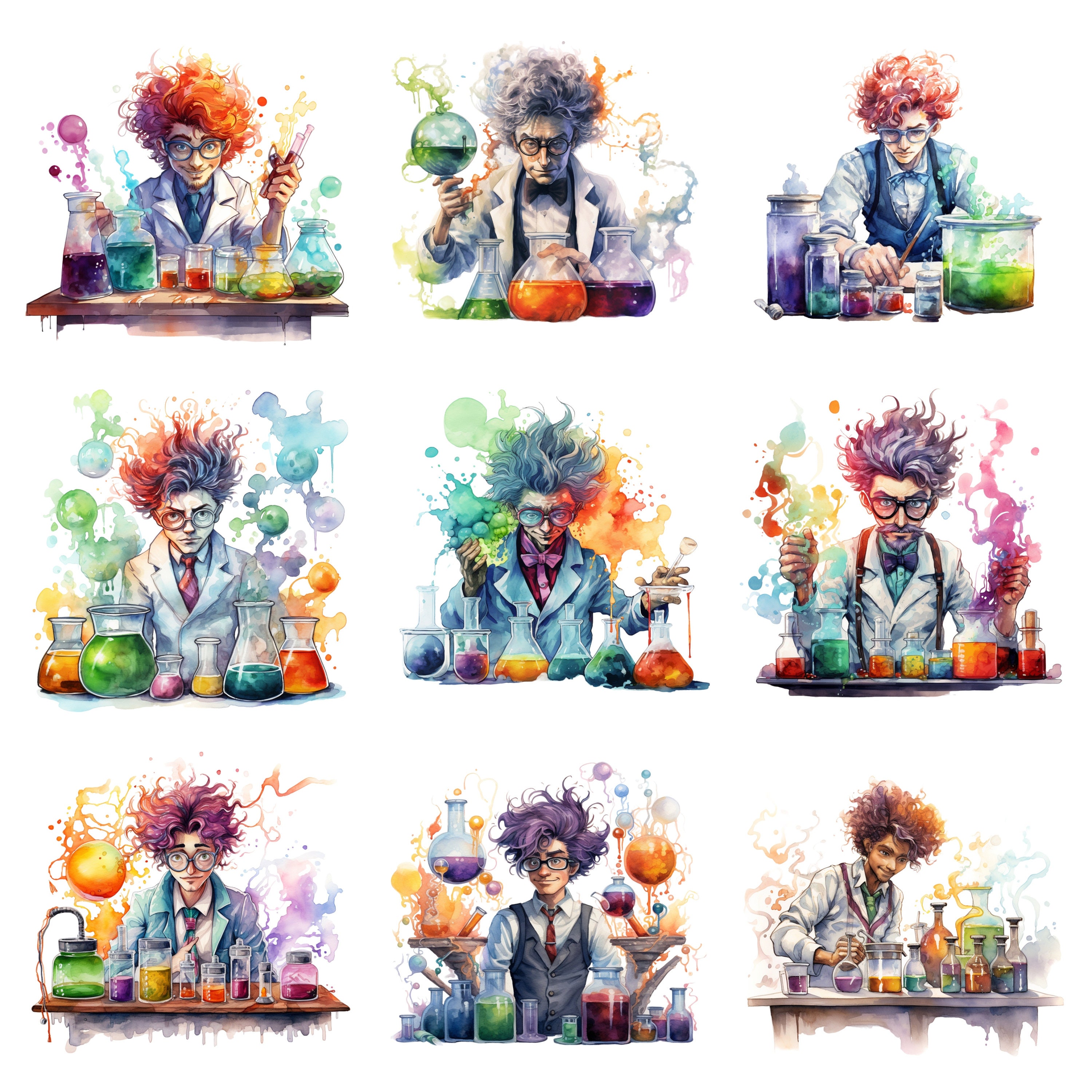 36 Mad Scientists Watercolor Clipart, Science Clipart, PNG Individual ...