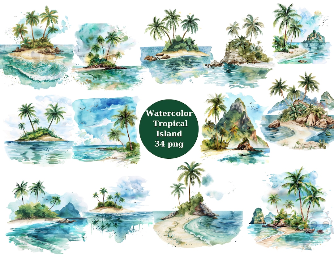Watercolor Tropical Island Clipart, PNG Digital Files on Transparent ...