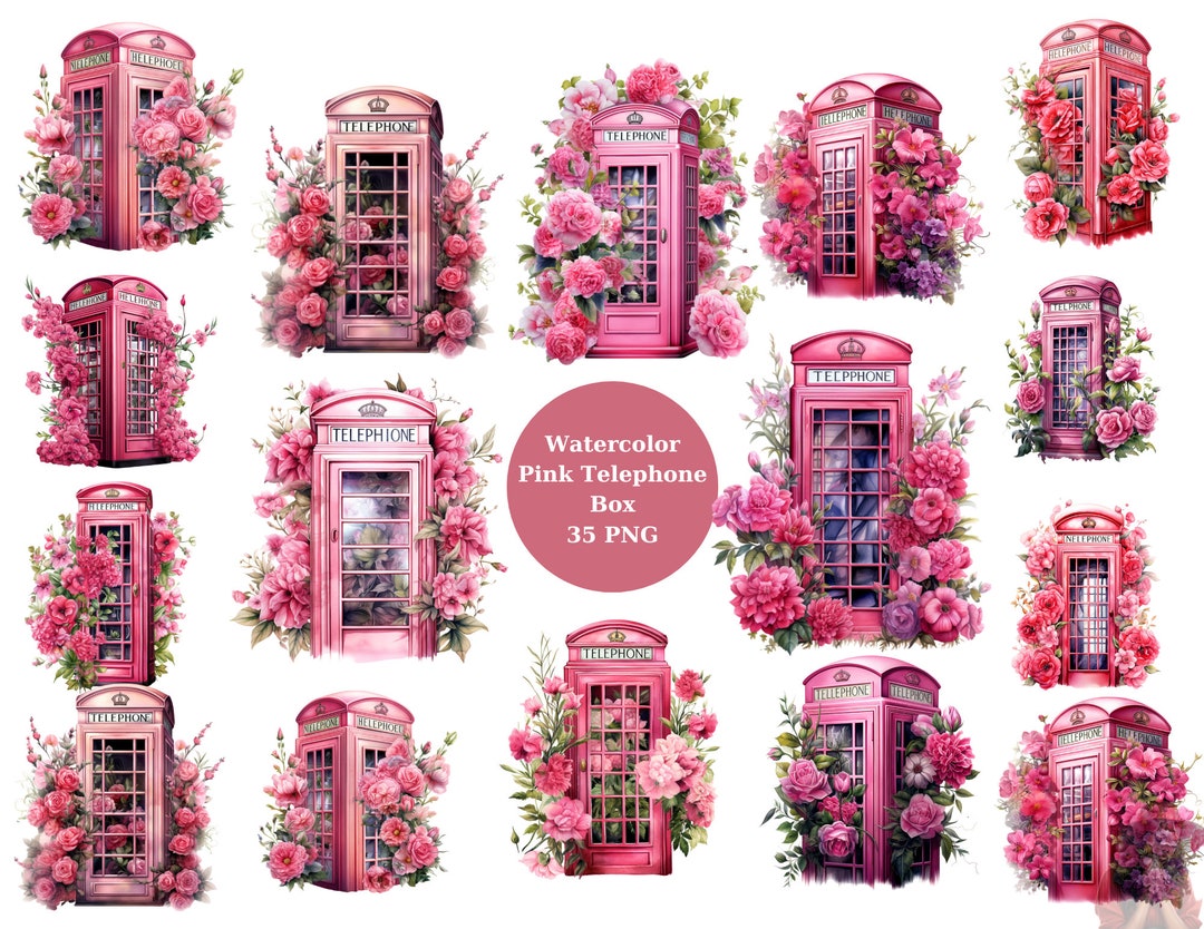 35 Watercolor Pink Telephone Box Clipart, PNG Individual Images on ...