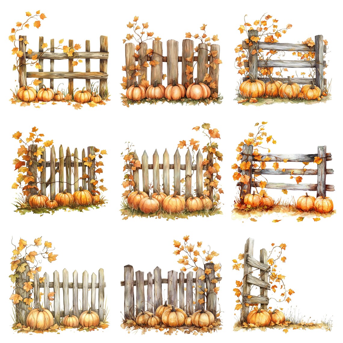 35 Fall Fence Watercolor Clipart, PNG Individual Images on Transparent ...